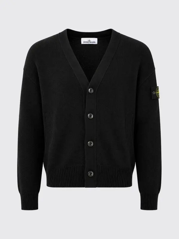 Stone Island V-neck Pure Virgin Wool Cardigan With Compass Logo