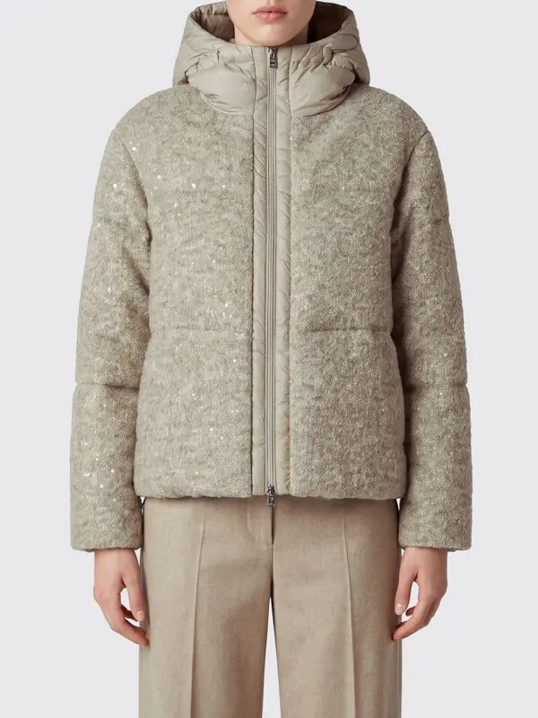 Herno Short Hooded Down Jacket In Wool And Alpaca Bouclé With Sequins