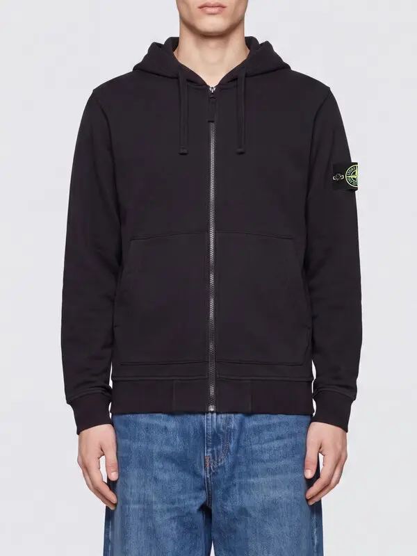 Stone Island Cotton Zip-up Hoodie With Dropped Shoulders - Black