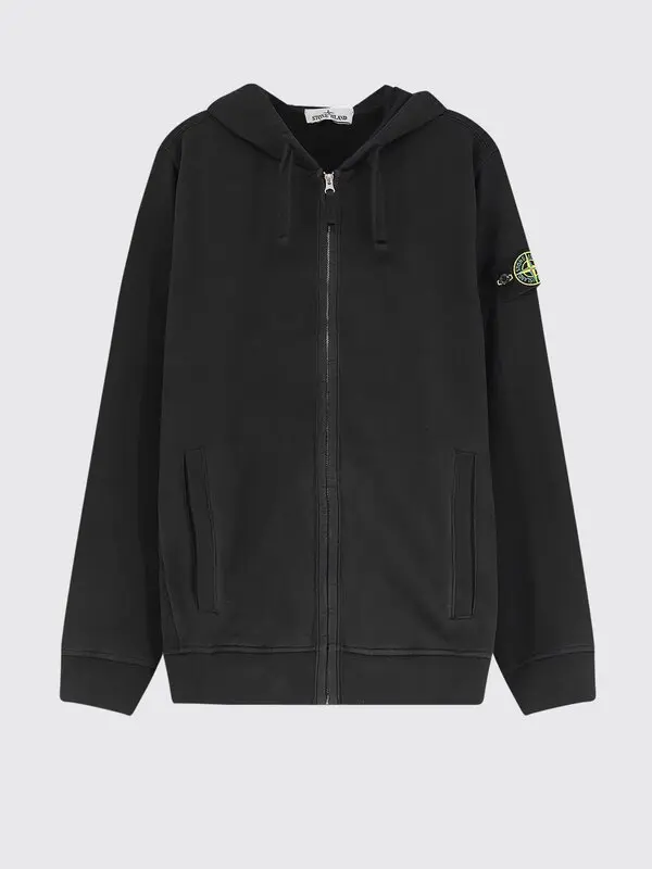 Stone Island Cotton Zip-up Hoodie With Dropped Shoulders - Black