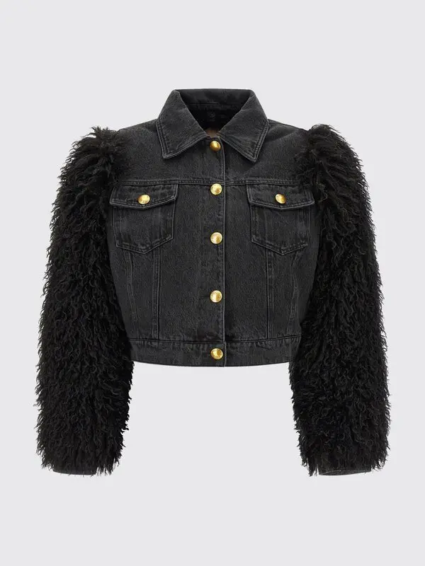 TWINSET Cotton Denim Jacket With Faux Fur Sleeves