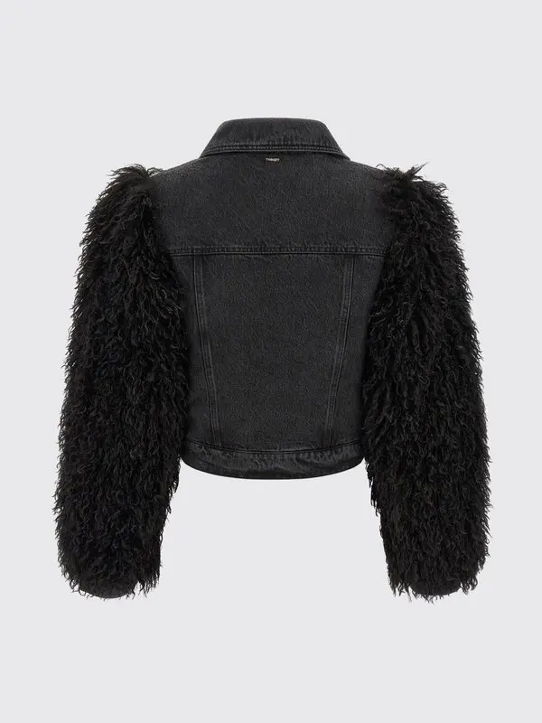 TWINSET Cotton Denim Jacket With Faux Fur Sleeves