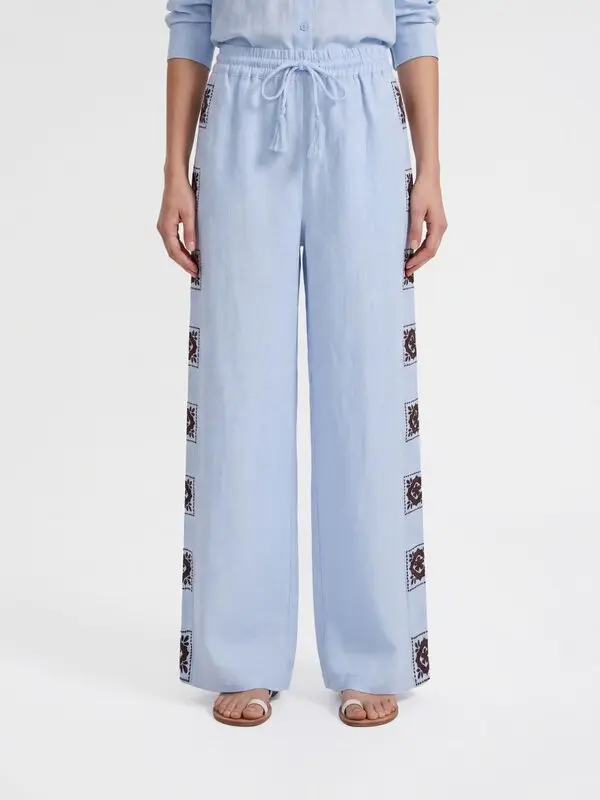 ALEMAIS Grace Linen Wide-leg Trousers With Ethnic Print