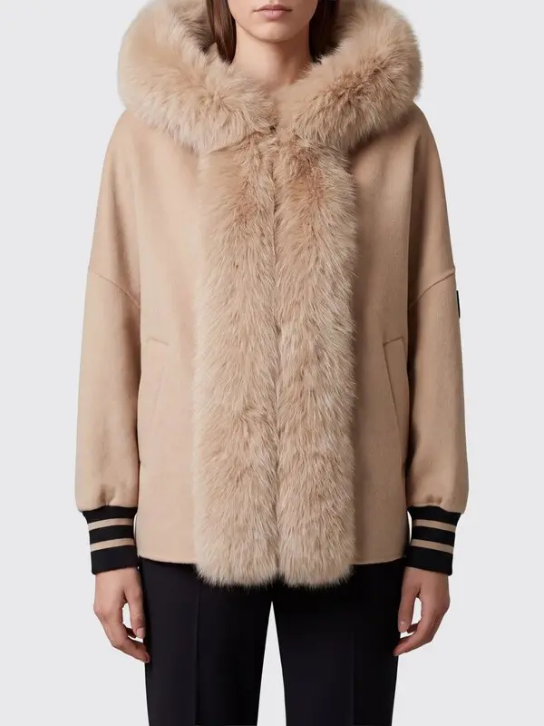ERMANNO FIRENZE Shearling Fur Hooded Jacket With Contrast Trims - Brown