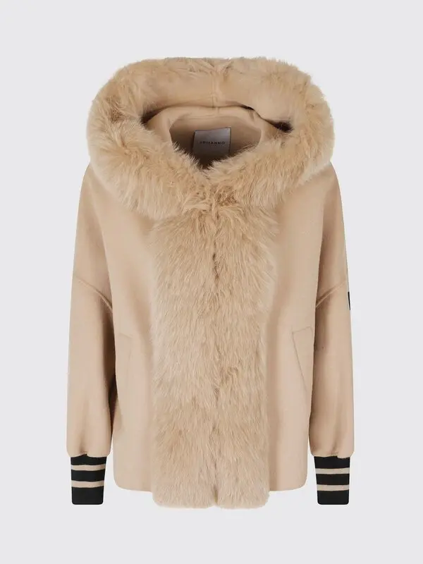 ERMANNO FIRENZE Shearling Fur Hooded Jacket With Contrast Trims - Brown