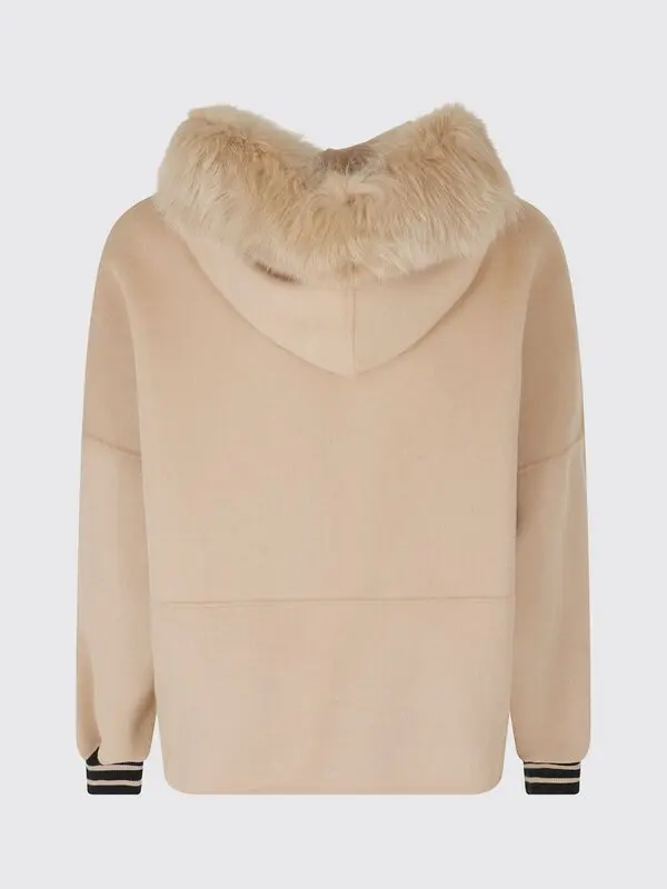 ERMANNO FIRENZE Shearling Fur Hooded Jacket With Contrast Trims - Brown