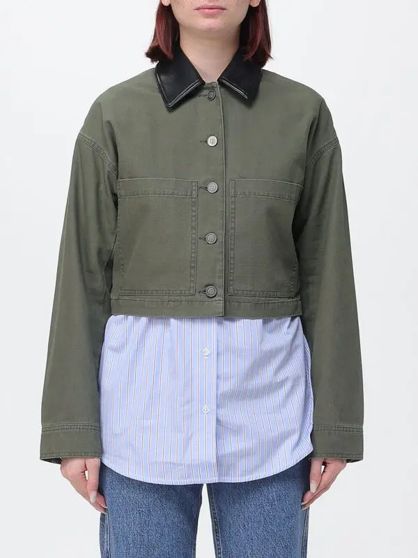 ANINE BING Yuma Cotton Shirt Jacket With Contrast Leather Collar - Green