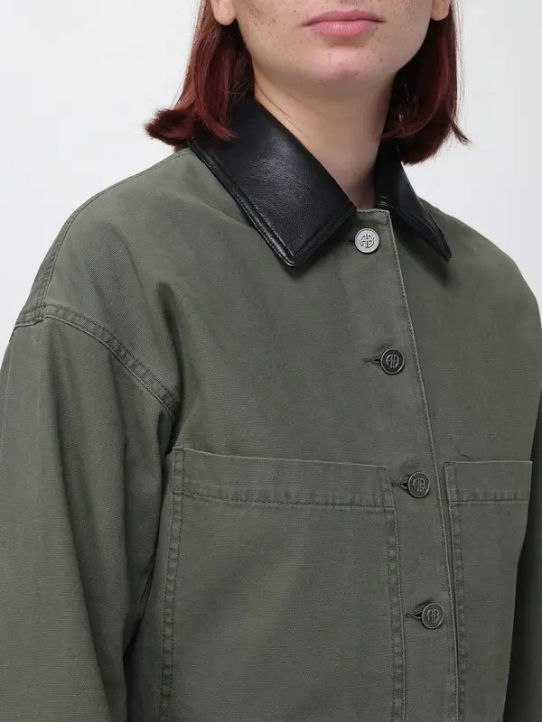 ANINE BING Yuma Cotton Shirt Jacket With Contrast Leather Collar - Green