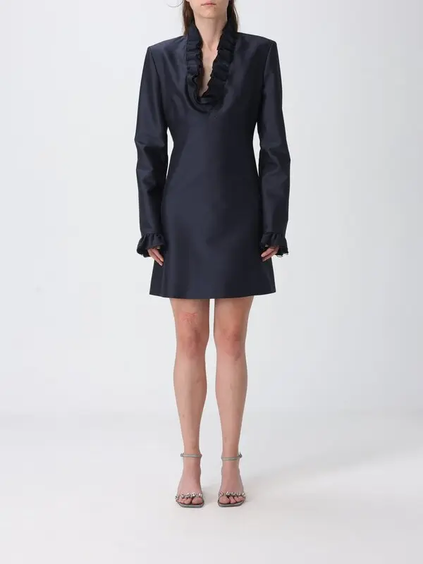 Alberta Ferretti Satin Mini Dress With Ruffle Collar - Blue