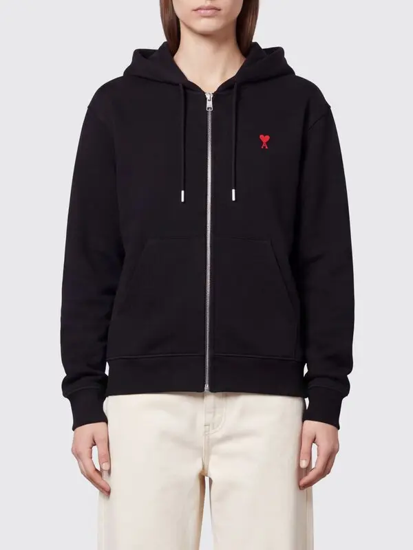 AMI Paris Cotton Zip-up Hoodie With Embroidered Logo And Kangaroo Pocket