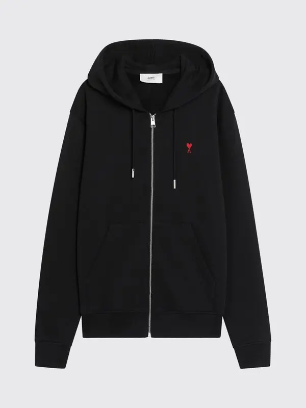 AMI Paris Cotton Zip-up Hoodie With Embroidered Logo And Kangaroo Pocket