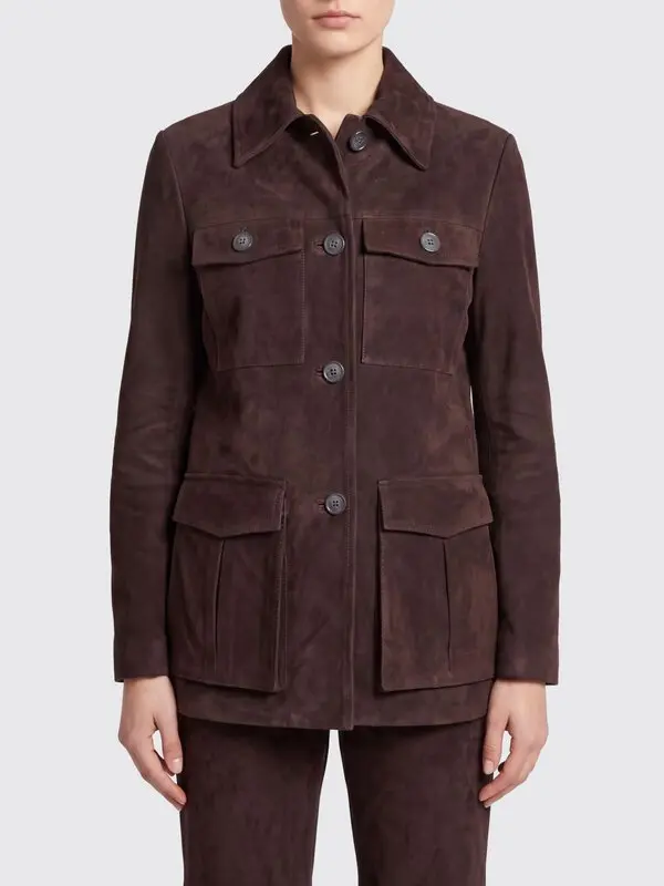 SEMICOUTURE Cropped Suede Leather Shirt Jacket With Patch Pockets