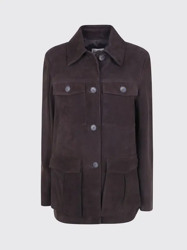SEMICOUTURE Cropped Suede Leather Shirt Jacket With Patch Pockets