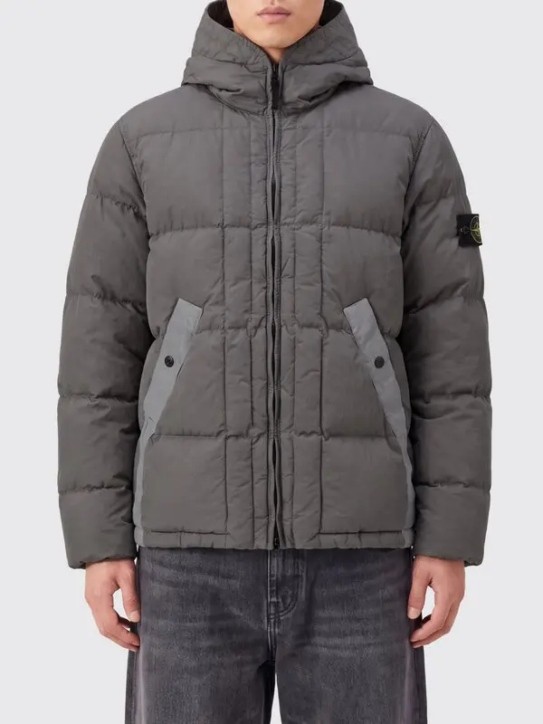 Stone Island Short Down Jacket With Hood And Compass Logo - Grey