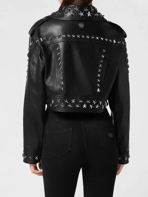 Philipp Plein Cropped Leather Biker Jacket With Studs And Stars