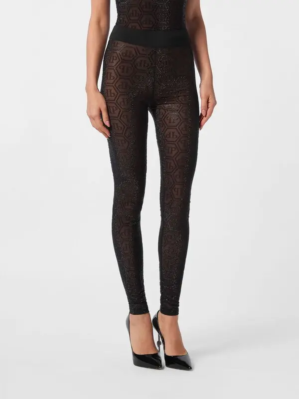 Philipp Plein High-waisted Sheer Tulle Leggings With Rhinestone Logo