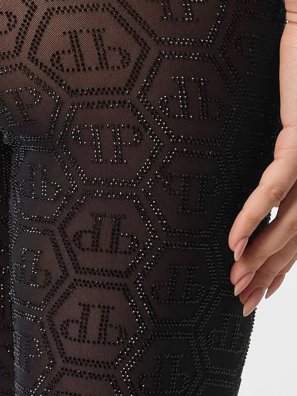Philipp Plein High-waisted Sheer Tulle Leggings With Rhinestone Logo