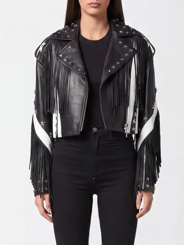 Philipp Plein Leather Biker Jacket With Fringes And Contrast Studs - Black