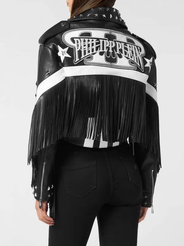 Philipp Plein Leather Biker Jacket With Fringes And Contrast Studs