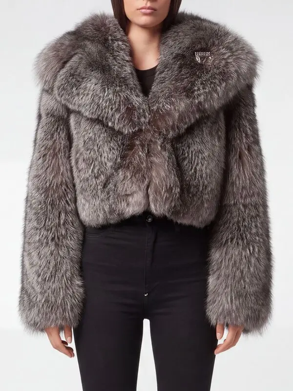 Philipp Plein Cropped Fox Fur Jacket With Crystal Embellishments - Grey
