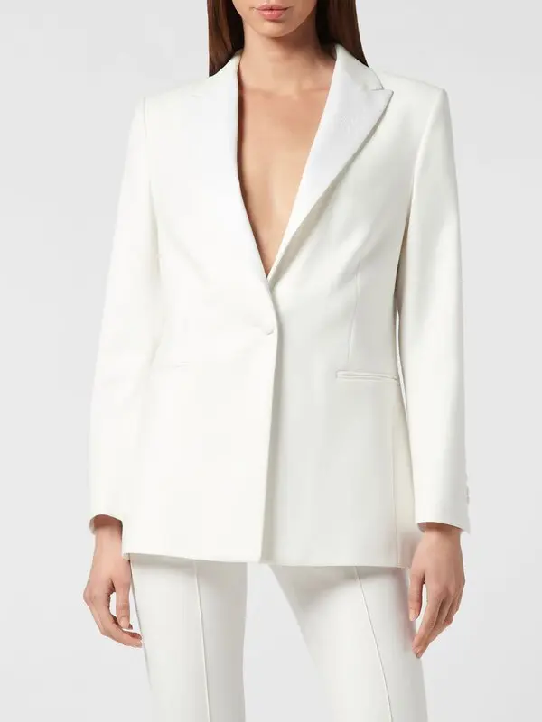 Philipp Plein Single-breasted Cropped Wool-blend Blazer With Peak Lapels - White