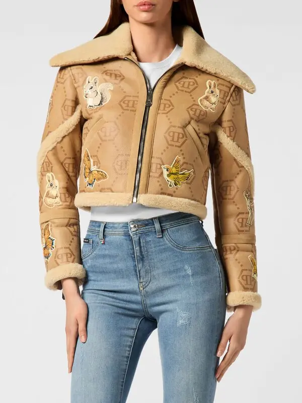 Philipp Plein Cropped Shearling Jacket With Butterfly Print And Fur Collar
