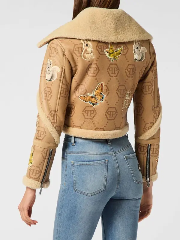 Philipp Plein Cropped Shearling Jacket With Butterfly Print And Fur Collar