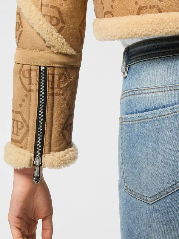 Philipp Plein Cropped Shearling Jacket With Butterfly Print And Fur Collar