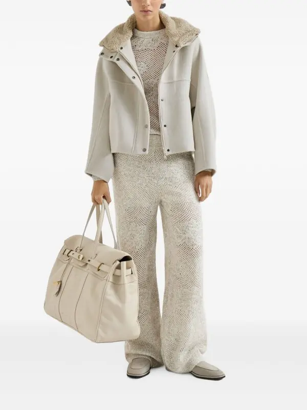 Brunello Cucinelli Cropped Jacket With Fur Collar - Beige