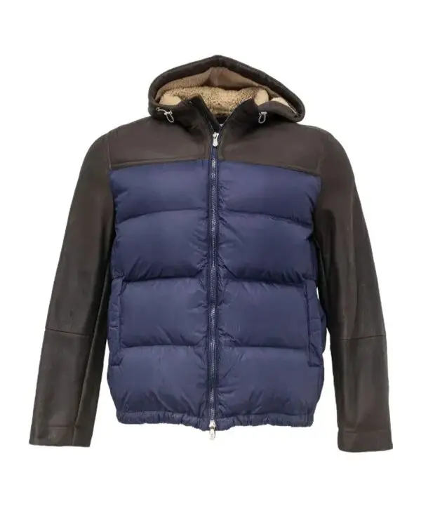 Brunello Cucinelli Down Jacket With Drawstring Hood And Leather Sleeves