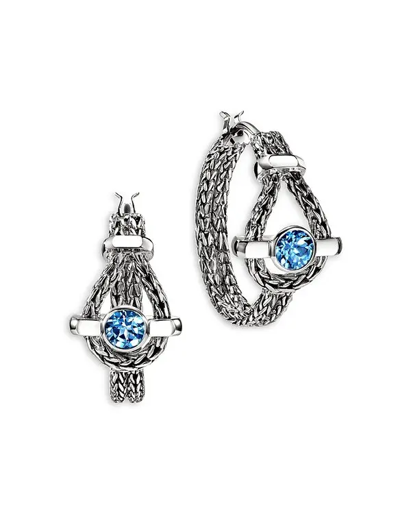 John Hardy Sterling Woven Hoop Earrings With Swiss Blue Topaz - Silver
