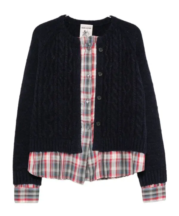 SEMICOUTURE Cable Knit Layered Cardigan With Plaid Shirt Detail