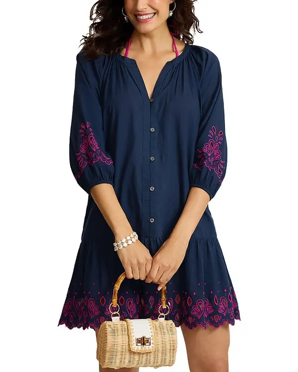 Tommy Bahama Eyelet Cove Embroidered Cotton Dress Swim Cover-up - Mare Navy