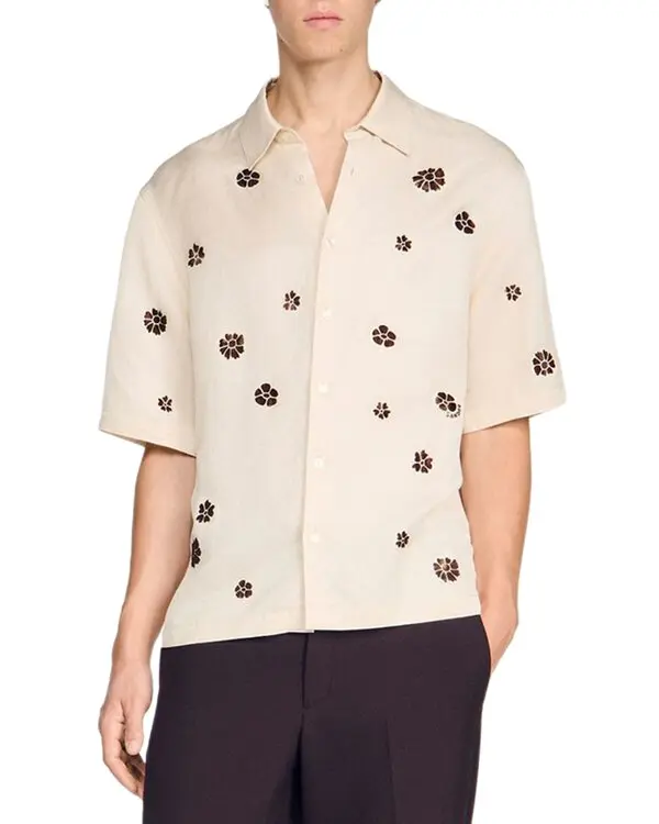 Sandro Loose Velvet Flowers Floral Shirt - Ecru