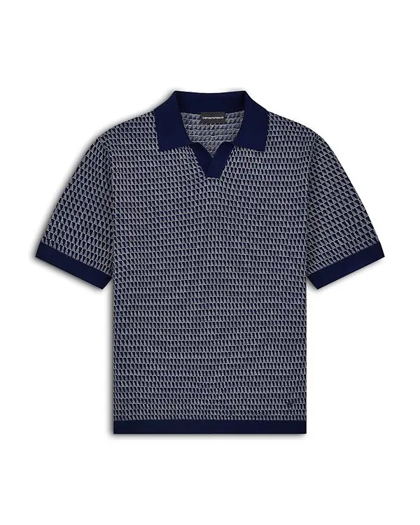 Emporio Armani Geometric Jacquard Knit Wool Polo Shirt - Navy