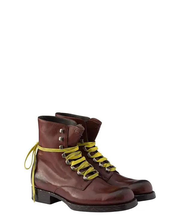 Prada Leather Laced Booties - Brown