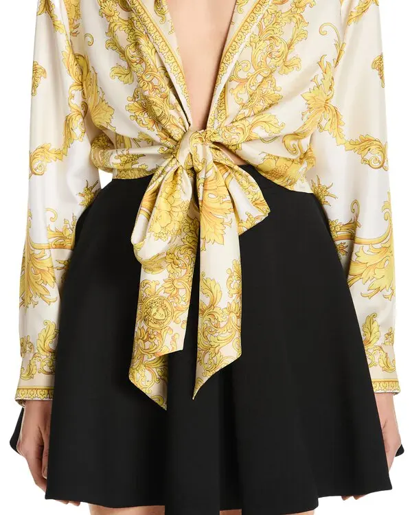 Versace Twill Plunging Neck Top With Front Tie