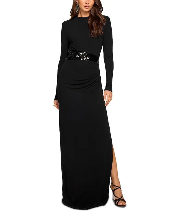 Ramy Brook Samantha Sequin Waist Long Sleeve Gown - Black