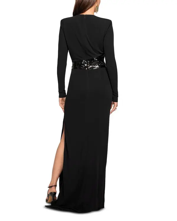 Ramy Brook Samantha Sequin Waist Long Sleeve Gown