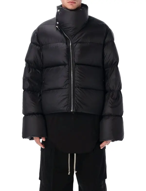 Rick Owens Down Padded Stand-up Collar Zip-up Jacket With Side Button Pockets, Size - Nero