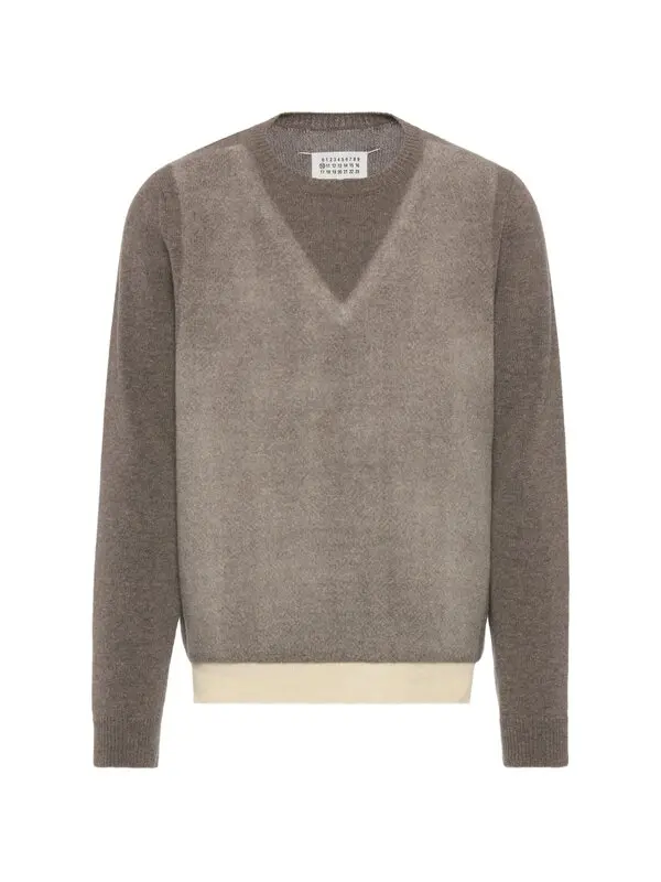 MAISON MARGIELA Virgin Wool Crewneck Sweater With Illusion V-neck And Four-stitch Pattern - Grigio