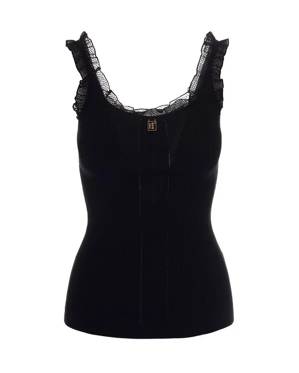 Elisabetta Franchi Ribbed Knit Lace Trimmed Tank Top - Nero