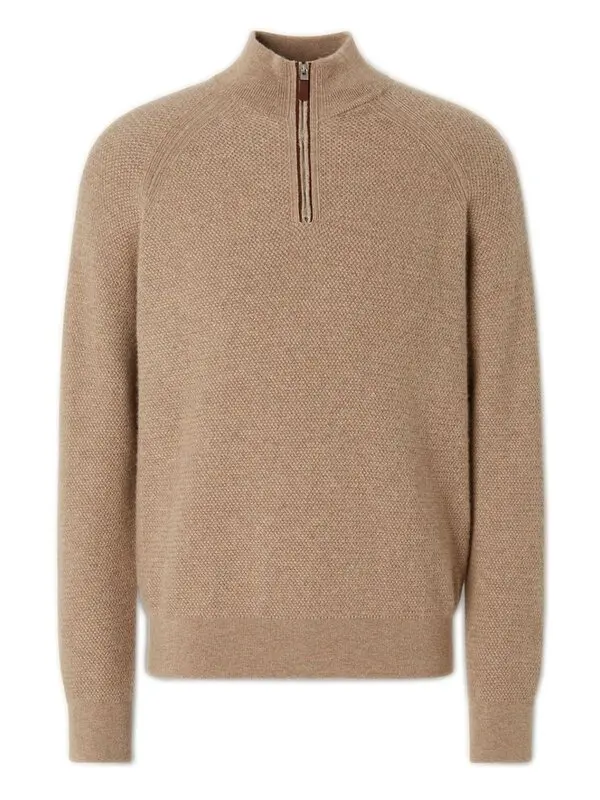 Zegna Ribbed Cashmere Sweater With Leather Trim And Zip Closure