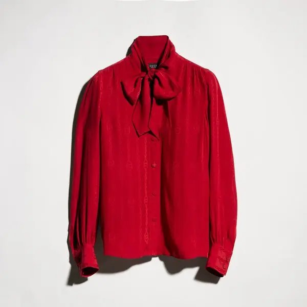 Gucci Self-tie Bow Silk Blouse With Covered Buttons - Rosso