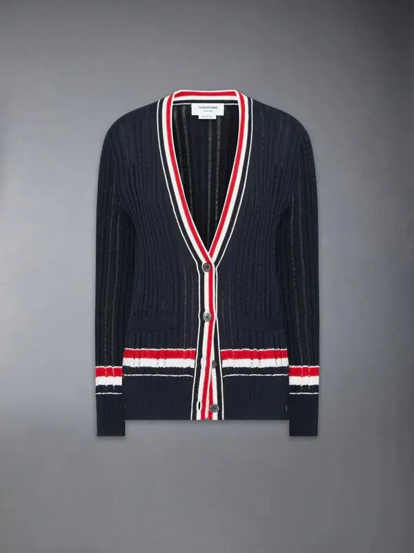 Thom Browne Elongated Cable Knit V-neck Cardigan - Navy