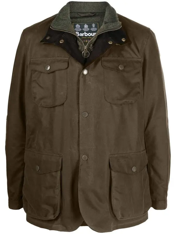 Barbour Waxed Cotton/wool Blend Embroidered Logo Stand-up Collar Coat - Green
