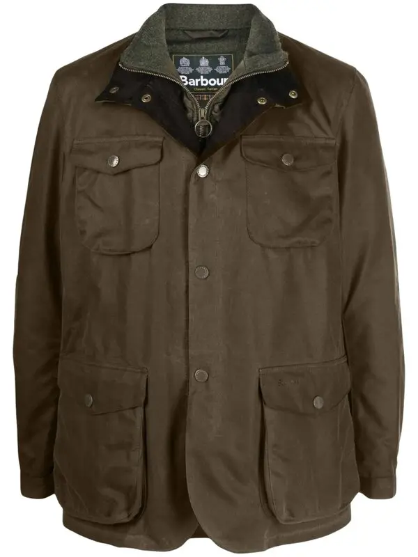 Barbour Waxed Cotton/wool Blend Embroidered Logo Stand-up Collar Coat - Green