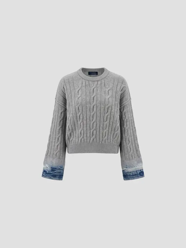 HAIKURE Grey Cable Knit Sweater With Denim Cuffs