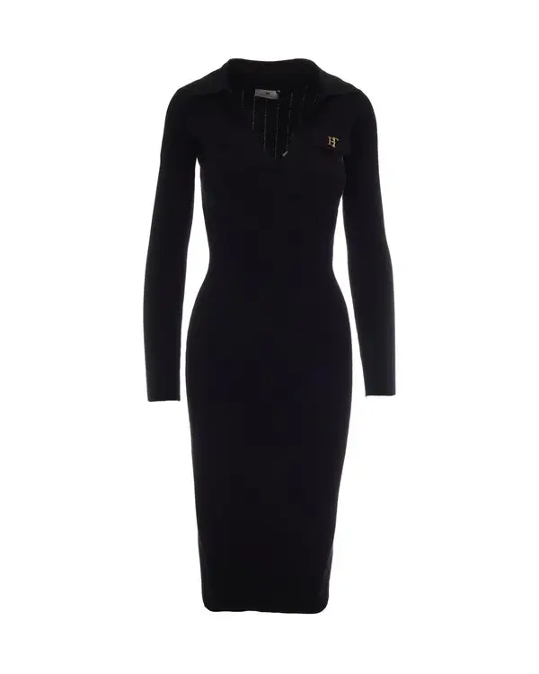 Elisabetta Franchi Ribbed Knit Long Sleeve Polo Midi Dress - Nero