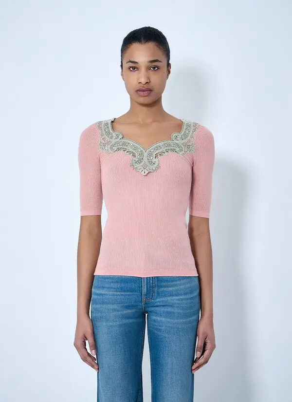 Chloé Embroidered Neckline Ribbed Knit Top